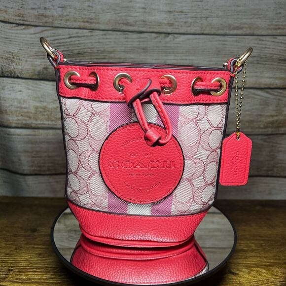 Coach | Bags | Coach Mini Dempsey Bucket Bag Pink Signature Jacquard ...
